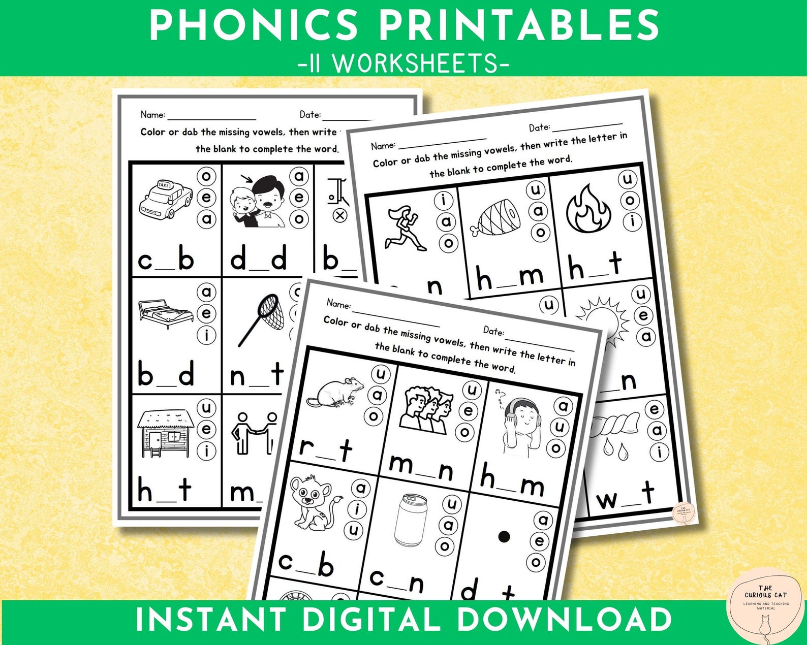 Phonics Worksheets, CVC Missing Vowel, Emergent Readers Middle Sound ...
