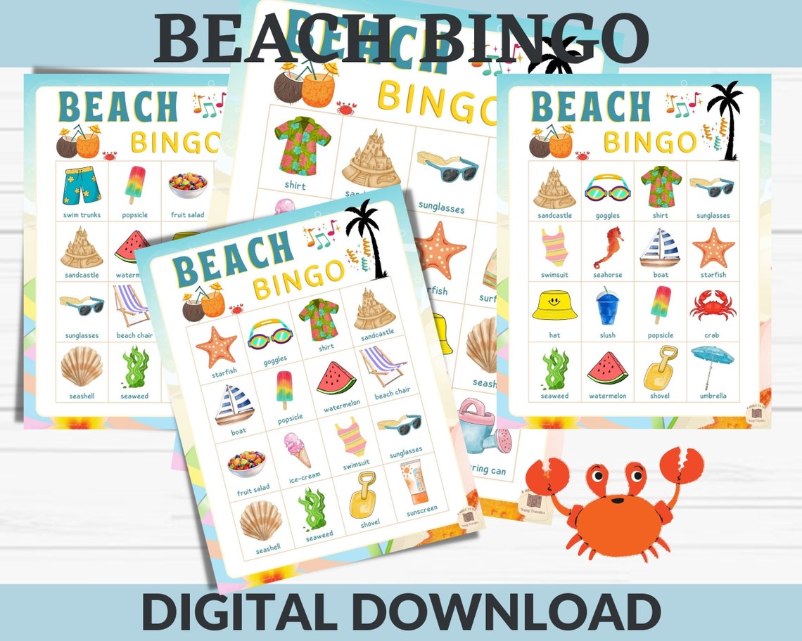 Printable Beach Bingo Game, Summer Bingo for Kids, Fun Beach Game ...