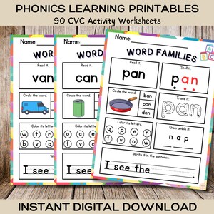 Printable Phonics CVC Worksheets for Kids, Phonics, Reading, & Tracing ...