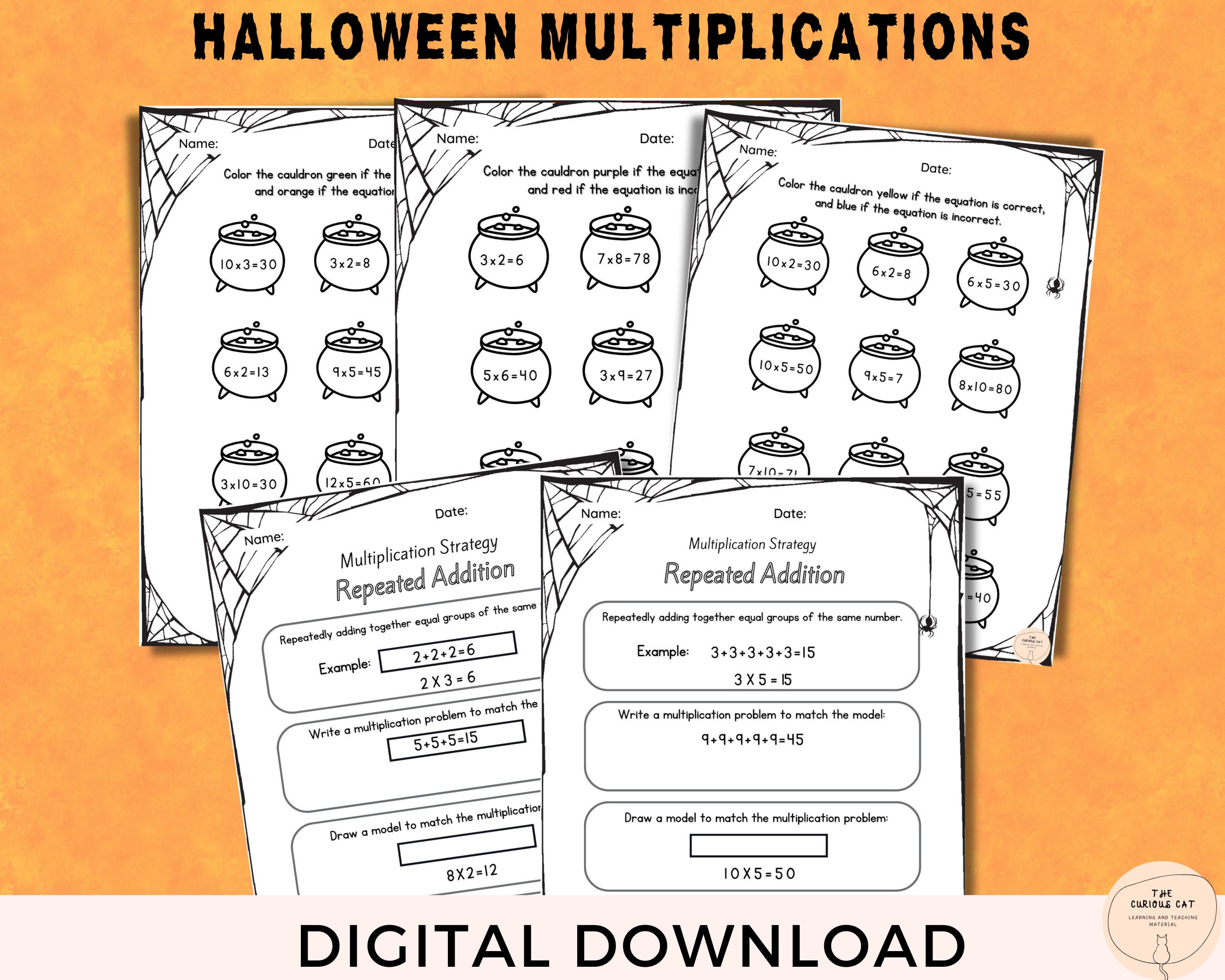 60 Maths Multiplication Practice Worksheets, Halloween Printables ...