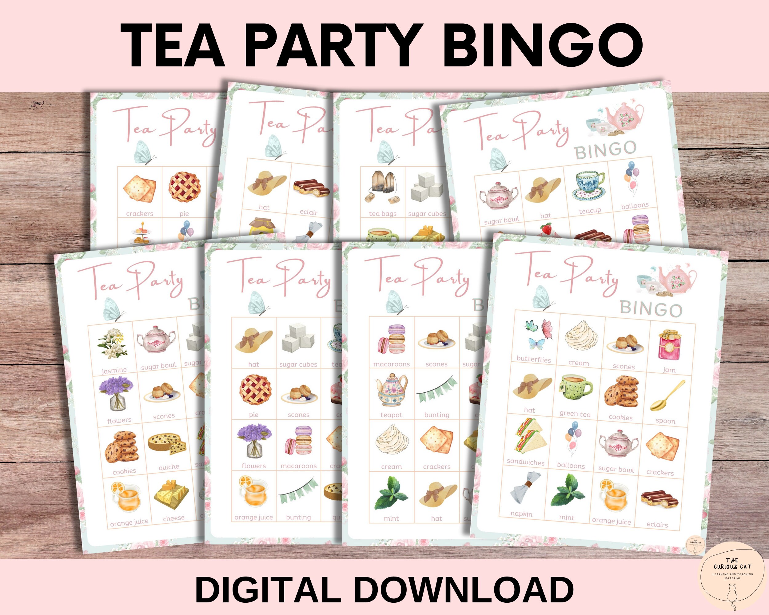 Vintage Tea Party Bingo Games, Bingo Cards, Labelled Calling Cards ...