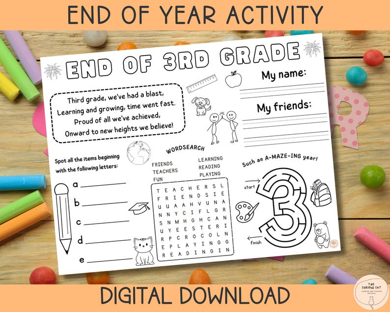 3rd Grade Graduation Placemat, End of Grade 3, Activity Placemat for ...