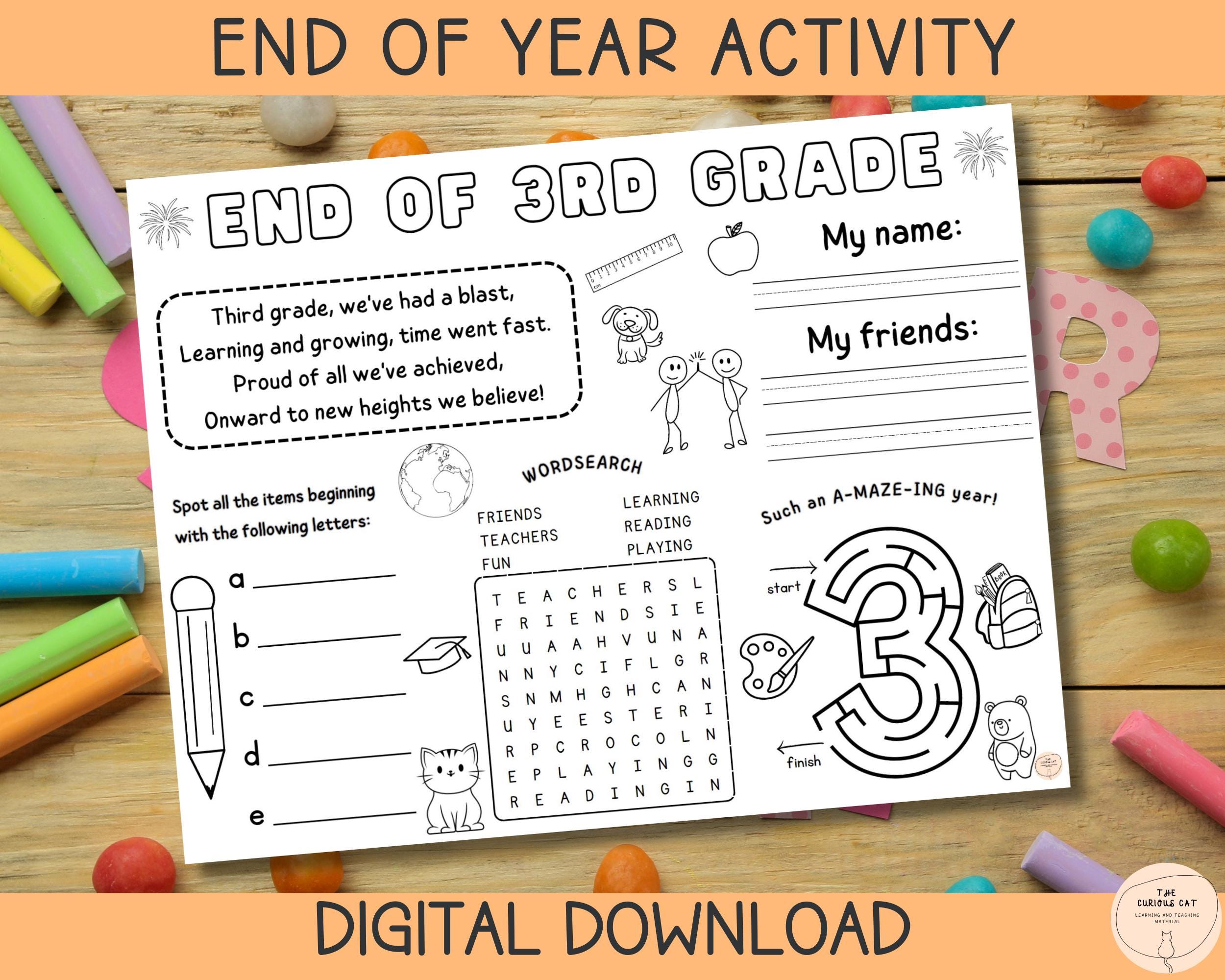 3rd Grade Graduation Placemat, End of Grade 3, Activity Placemat for ...