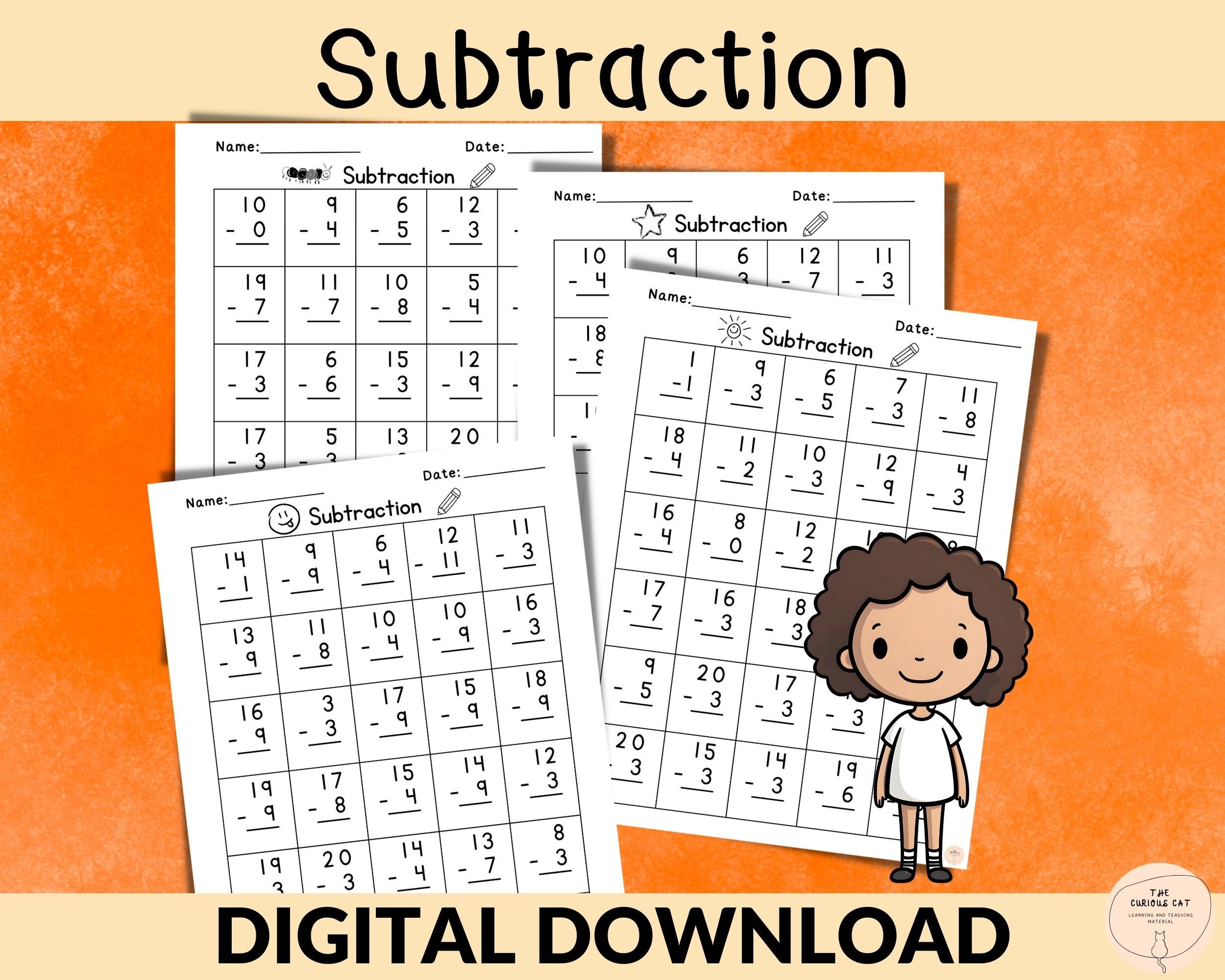 20 Printable Subtraction for Kindergarten 1st Grade 2nd Grade Math ...
