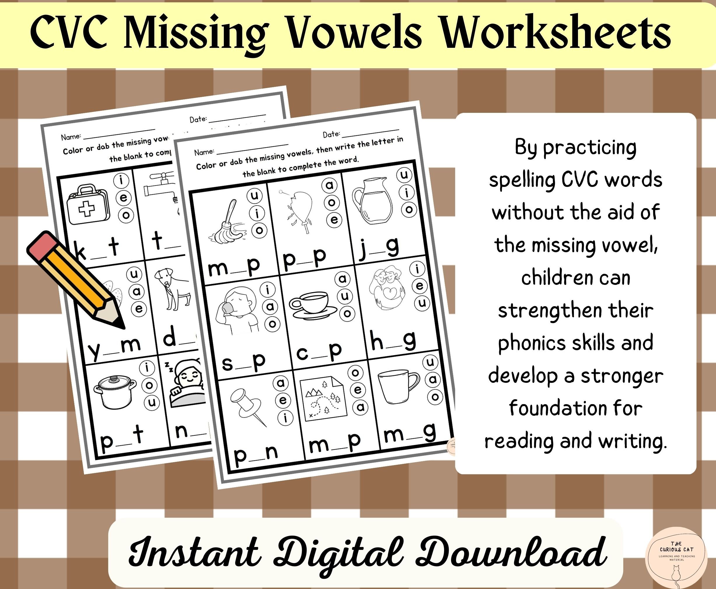 Kids Worksheets, CVC Missing Vowel, Emergent Readers Middle Sound Focus ...