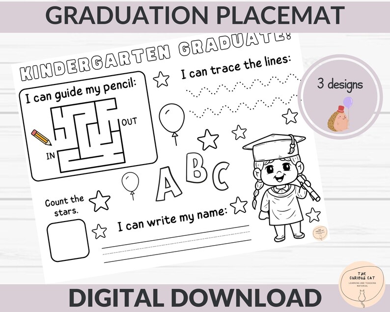 Kindergarten Graduation Placemat, Coloring and Activity Mat for Kids ...