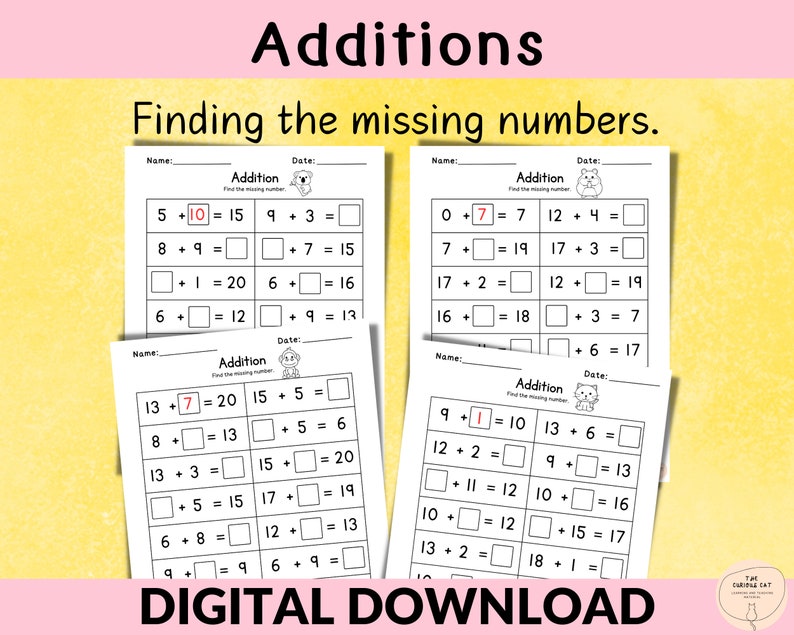 15 Addition Worksheets Fill-in-the-blanks Maths Printables numbers 1-20 ...
