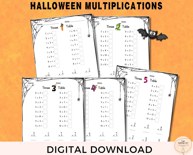 60 Maths Multiplication Practice Worksheets, Halloween Printables ...