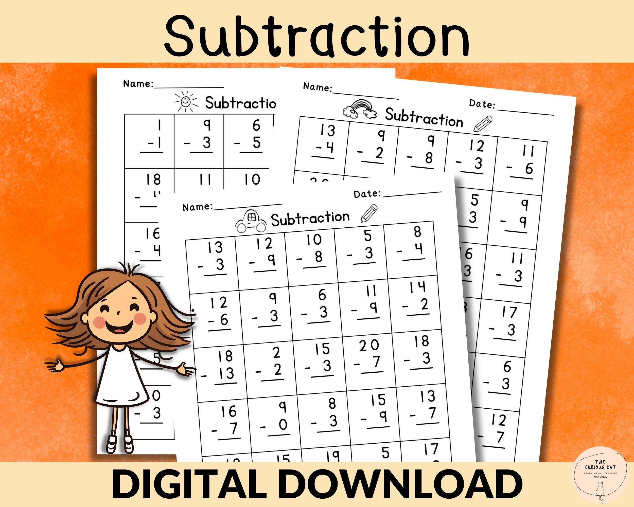 20 Printable Subtraction for Kindergarten 1st Grade 2nd Grade Math ...