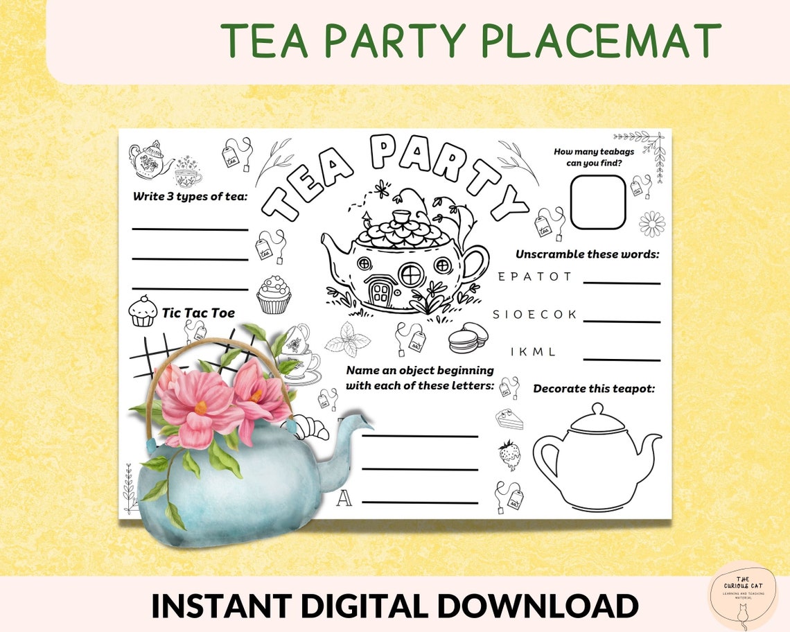 Kids Tea Party Activity & Coloring Placemat, Children's Birthday ...