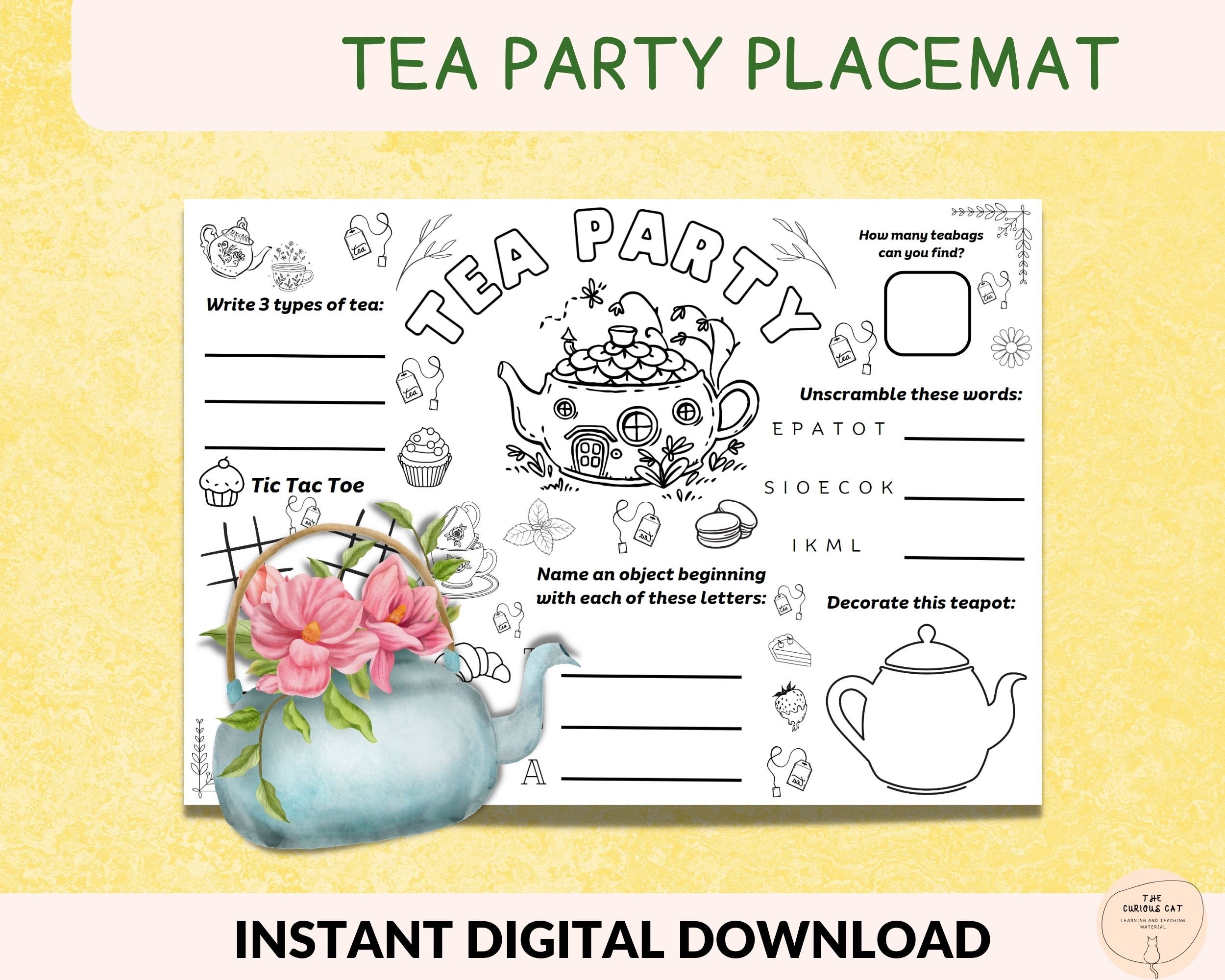 Kids Tea Party Activity & Coloring Placemat, Children's Birthday ...