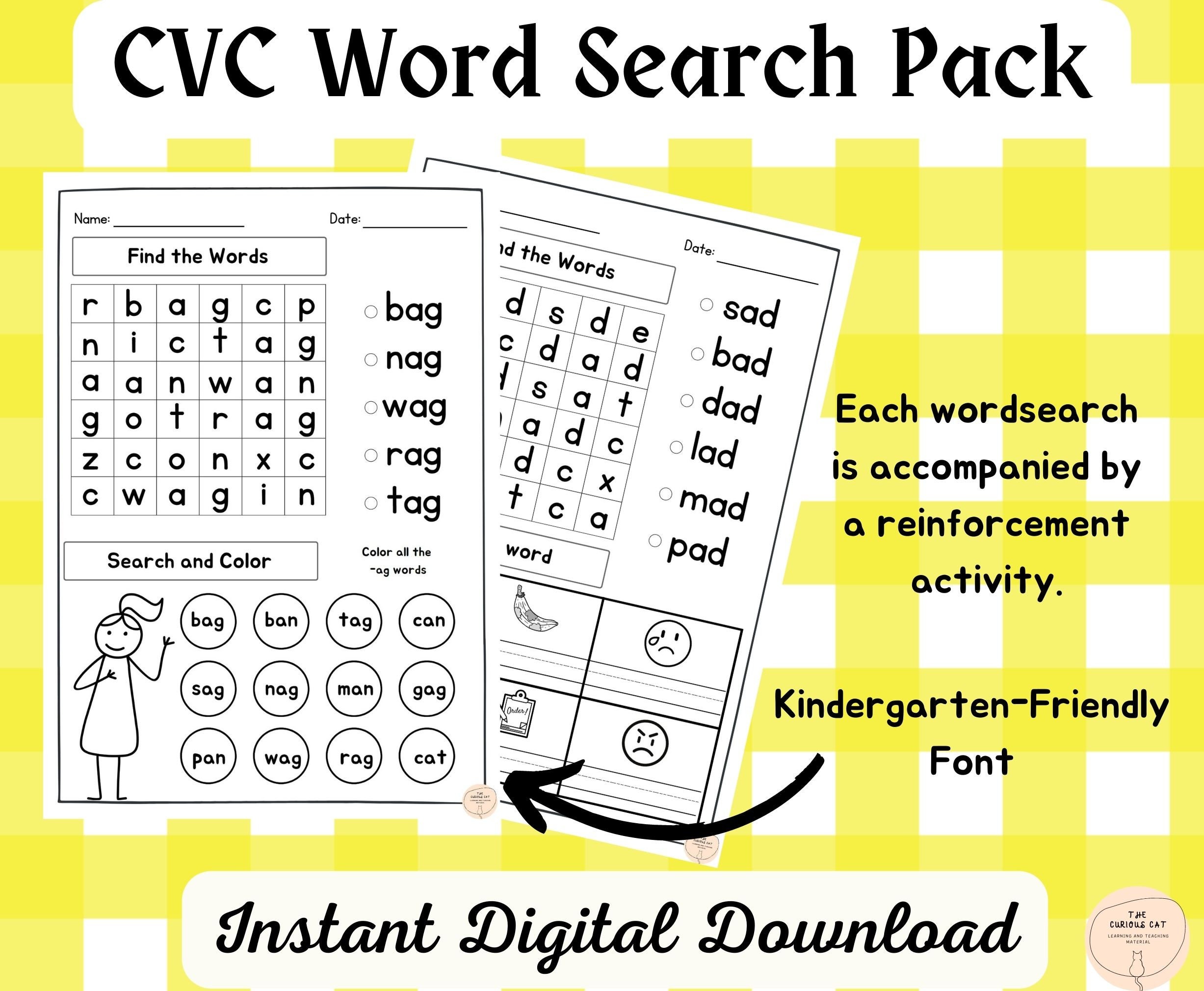 Phonics CVC Worksheets CVC Word Searches for Emergent Readers Pre-k and ...