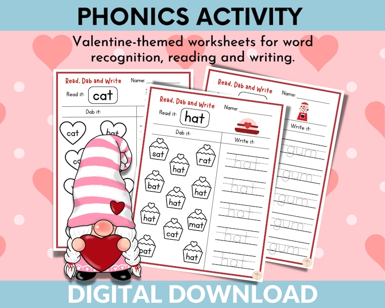 Phonics Valentines Worksheets; Word Recognition, Reading & Writing ...