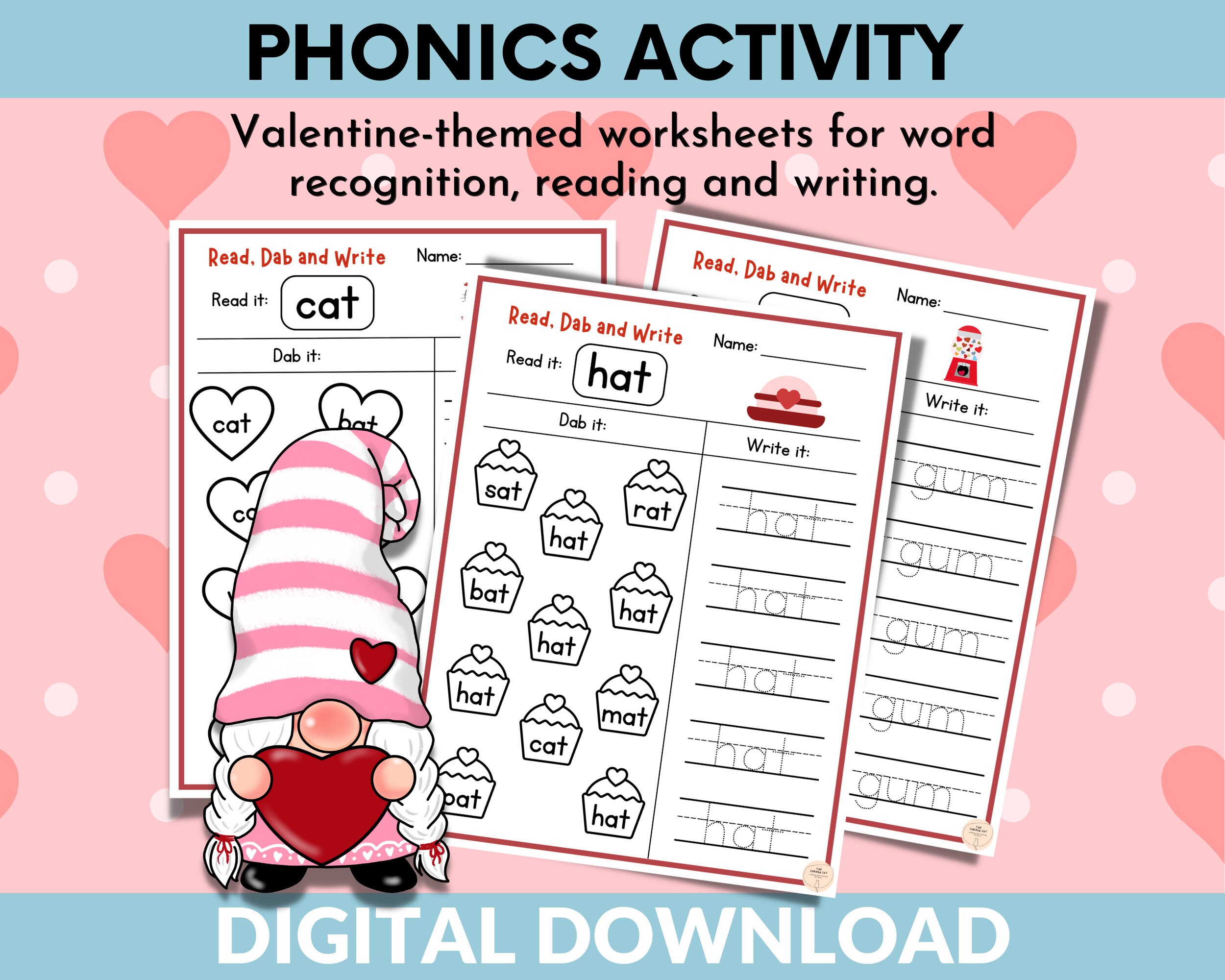 Phonics Valentines Worksheets; Word Recognition, Reading & Writing ...