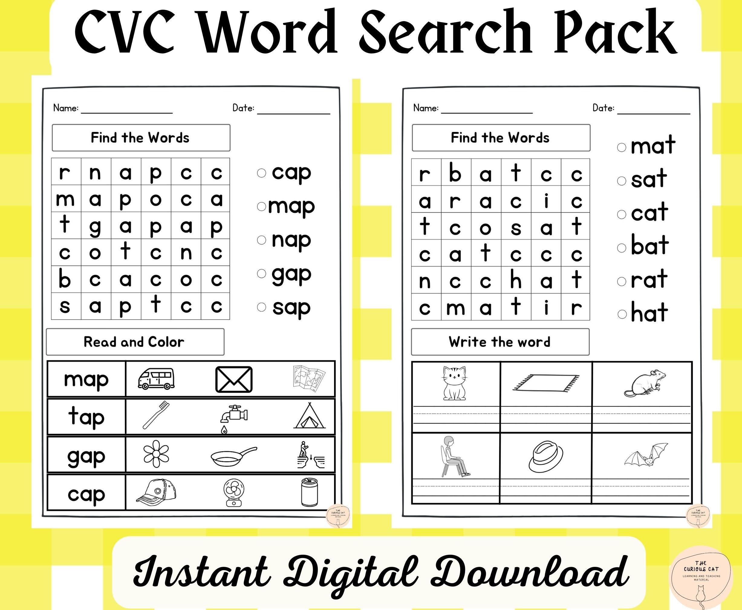 Phonics CVC Worksheets CVC Word Searches for Emergent Readers Pre-k and ...