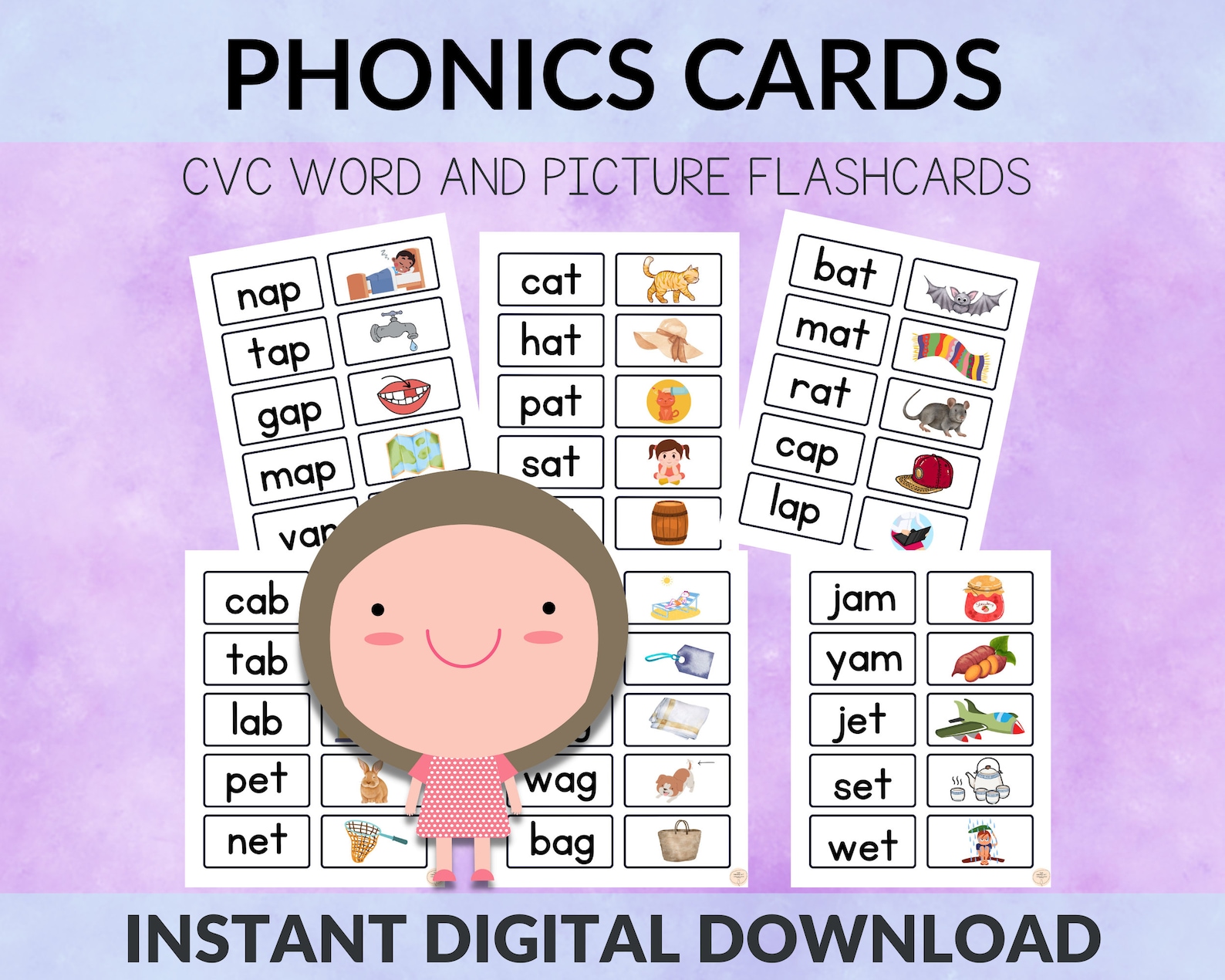 Phonics Words and Picture Cards, CVC Word Families Matching Flashcards ...