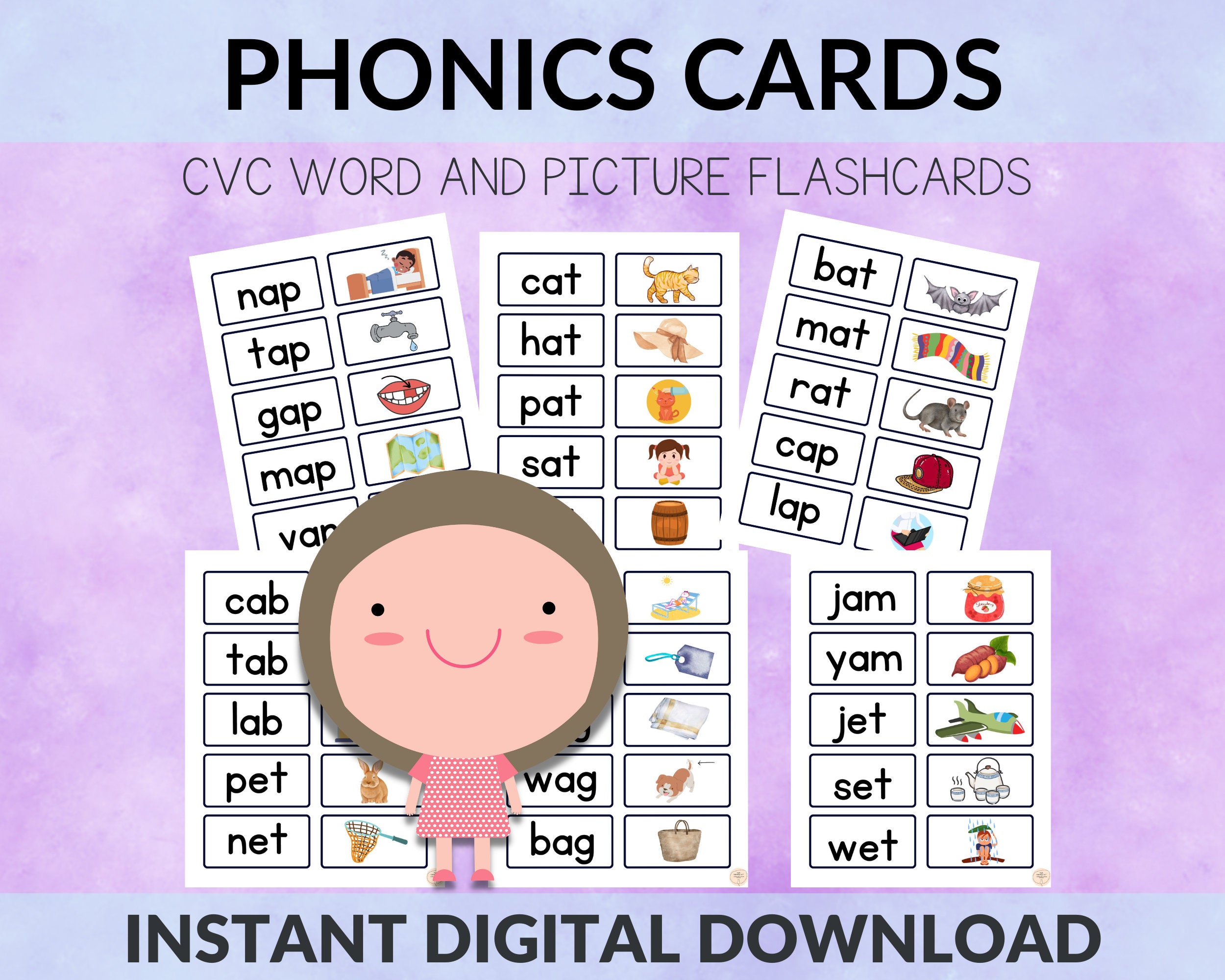 Phonics Words and Picture Cards, CVC Word Families Matching Flashcards ...