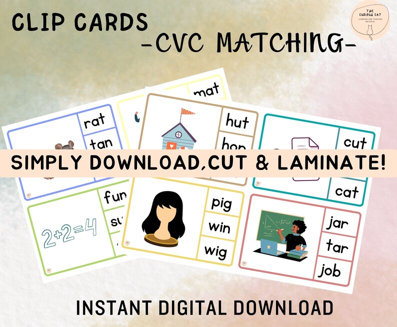 CVC Match and Clip Cards, CVC Pictures & Words, Early Reading, Phonics ...