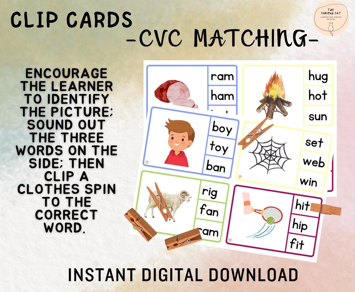 CVC Match and Clip Cards, CVC Pictures & Words, Early Reading, Phonics ...