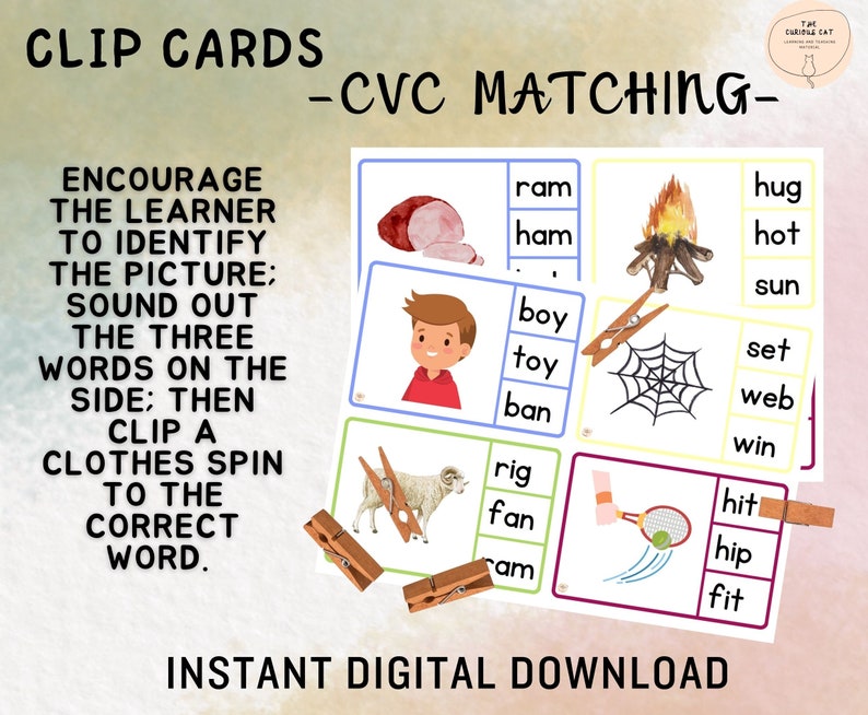 CVC Match and Clip Cards, CVC Pictures & Words, Early Reading, Phonics ...