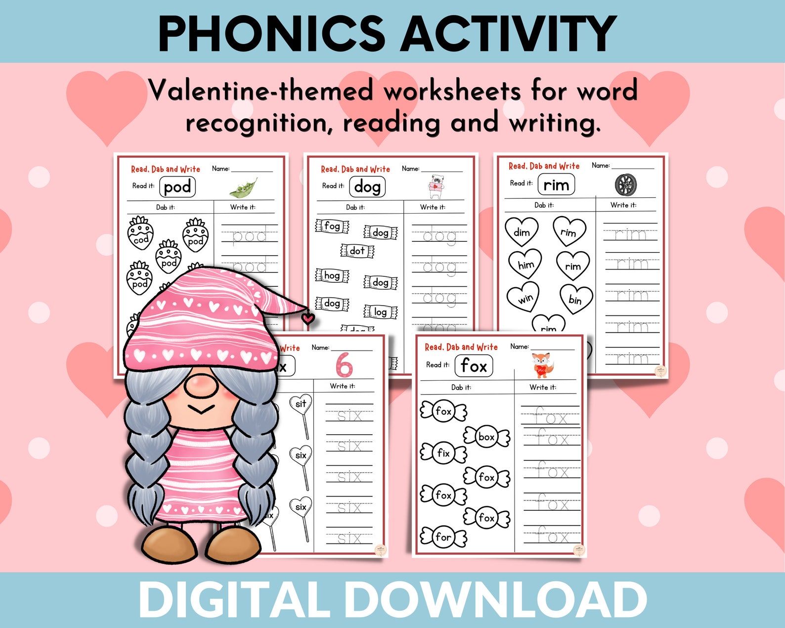 Phonics Valentines Worksheets; Word Recognition, Reading & Writing ...
