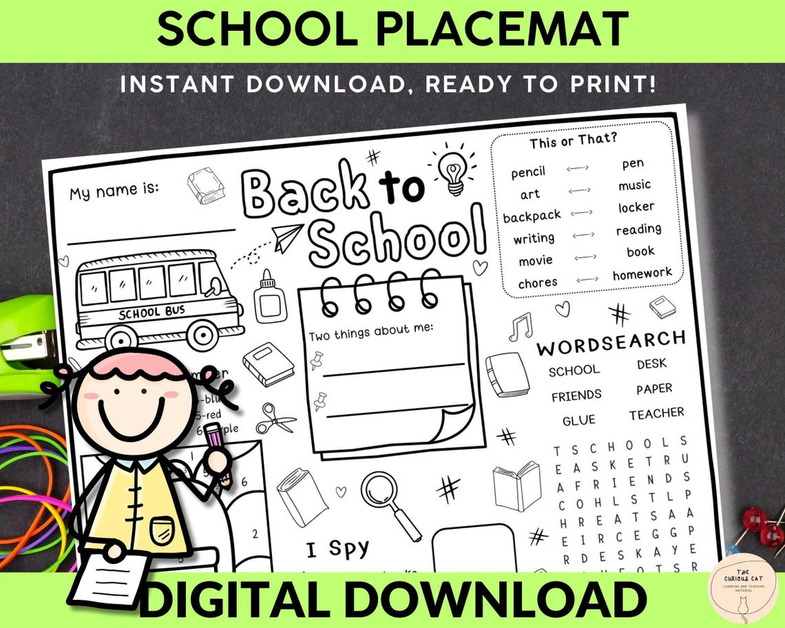 Printable Back to School Activity Placemat, First Day of School ...