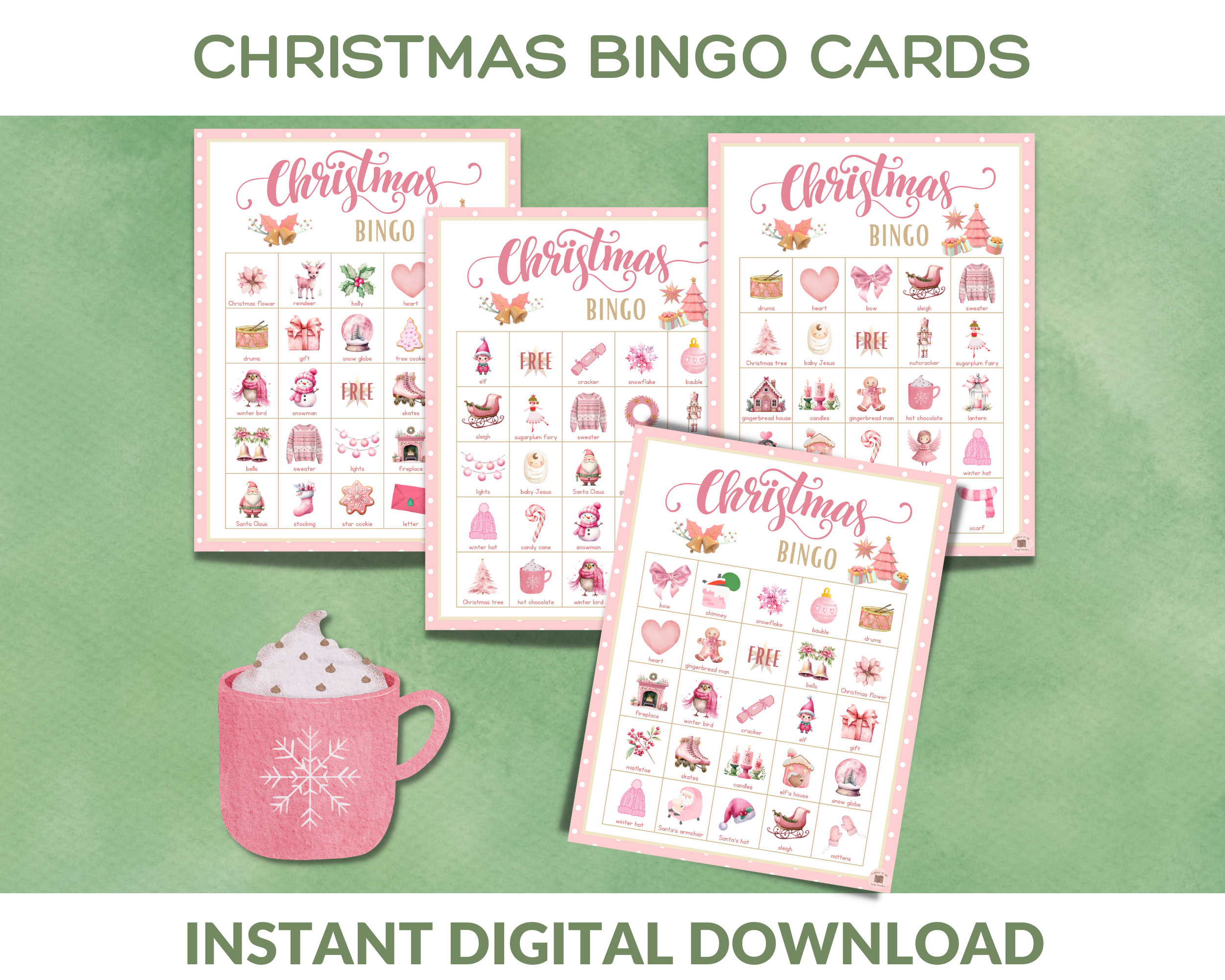 Pink Christmas Bingo Game; Bingo Cards Activity for All the Family ...
