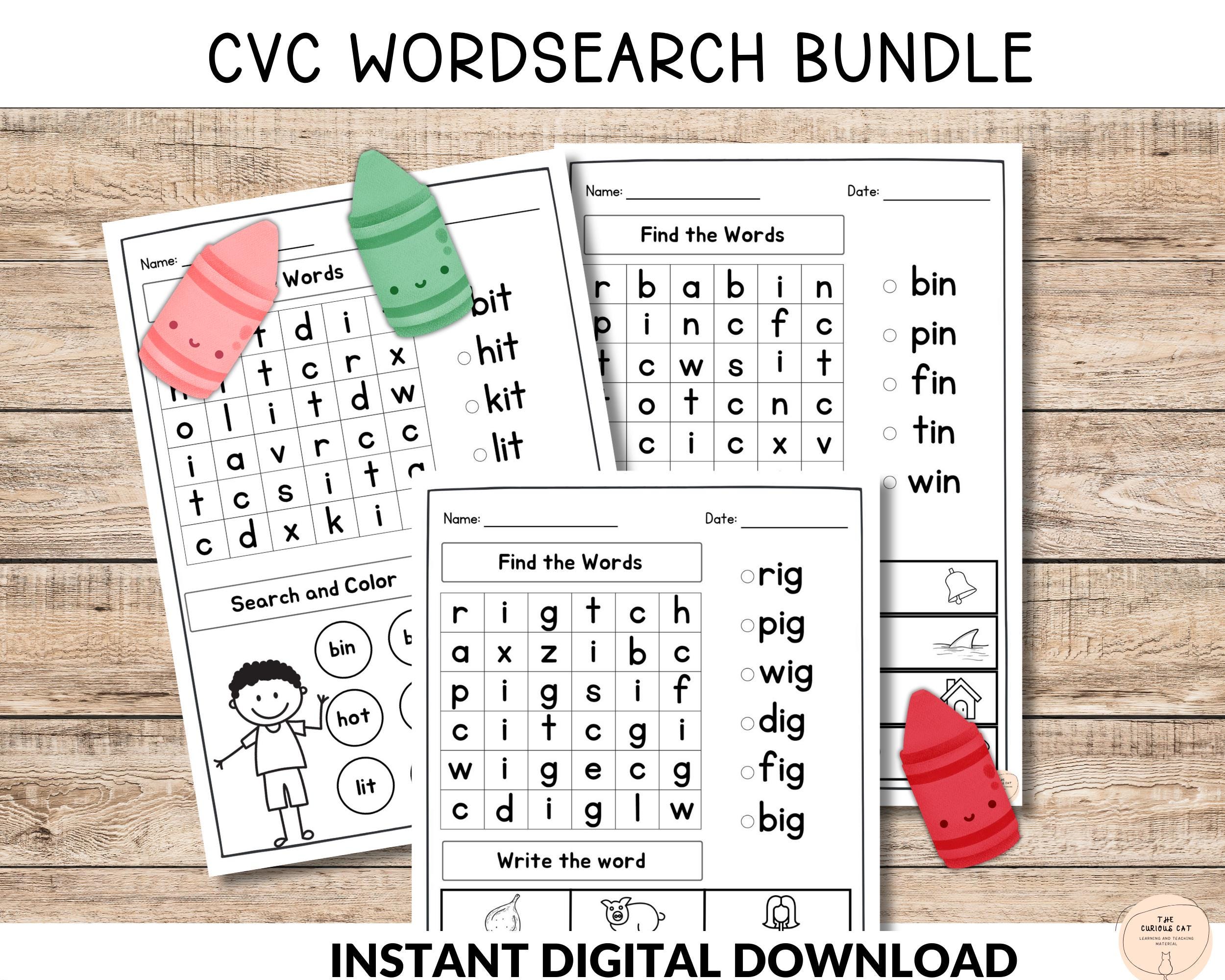 Phonics CVC Worksheets, Word Searches, Preschool Kindergarten Phonics ...