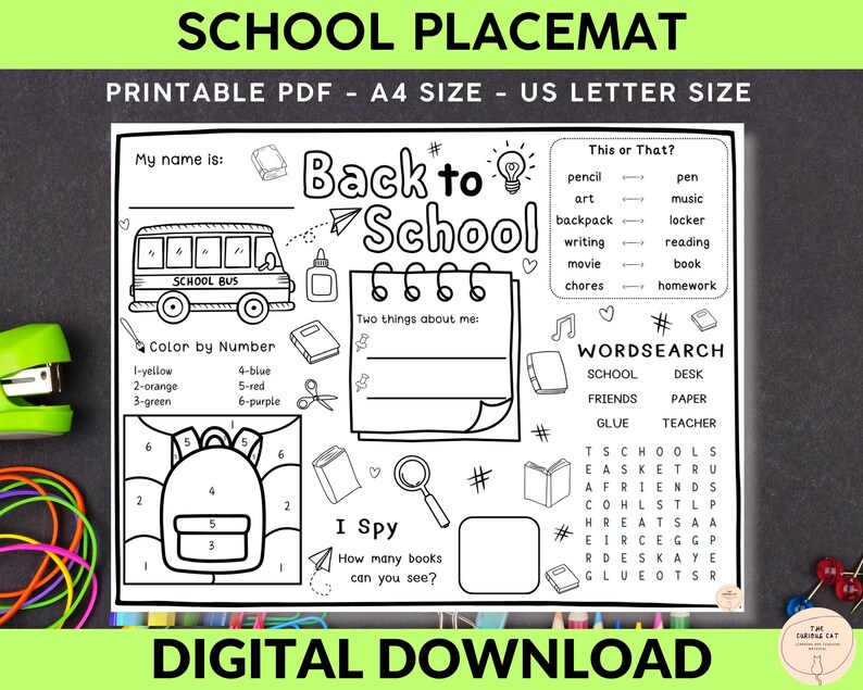 Printable Back to School Activity Placemat, First Day of School ...