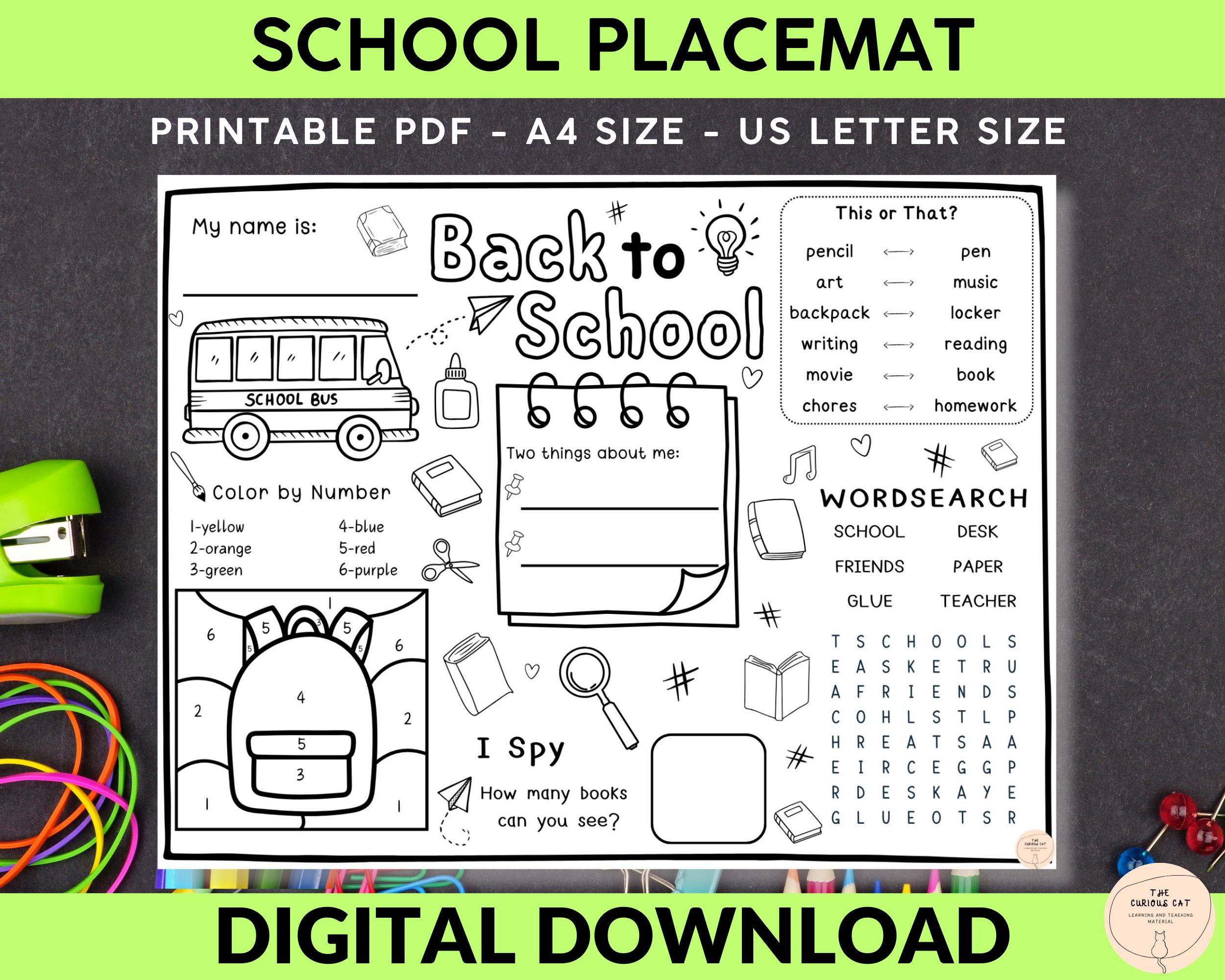 Printable Back to School Activity Placemat | First Day of School ...
