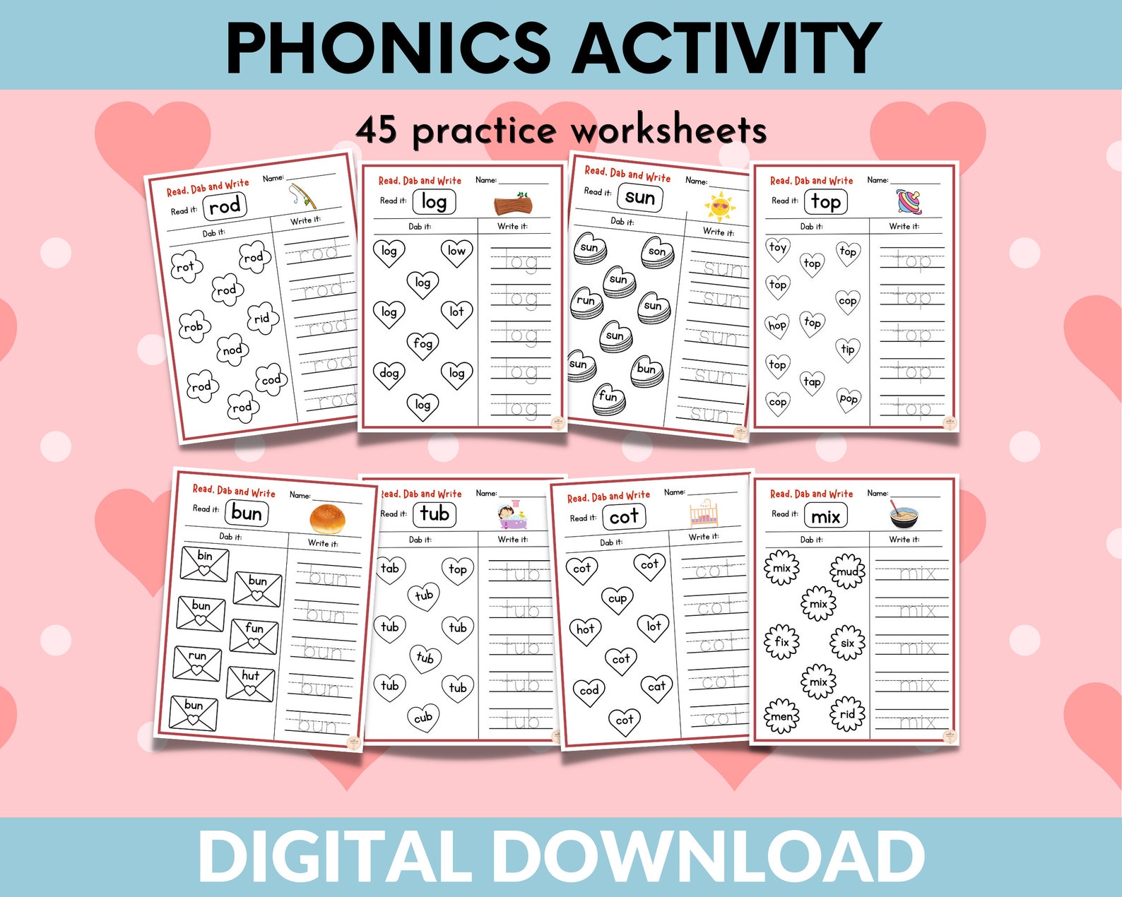 Phonics Valentines Worksheets; Word Recognition, Reading & Writing ...
