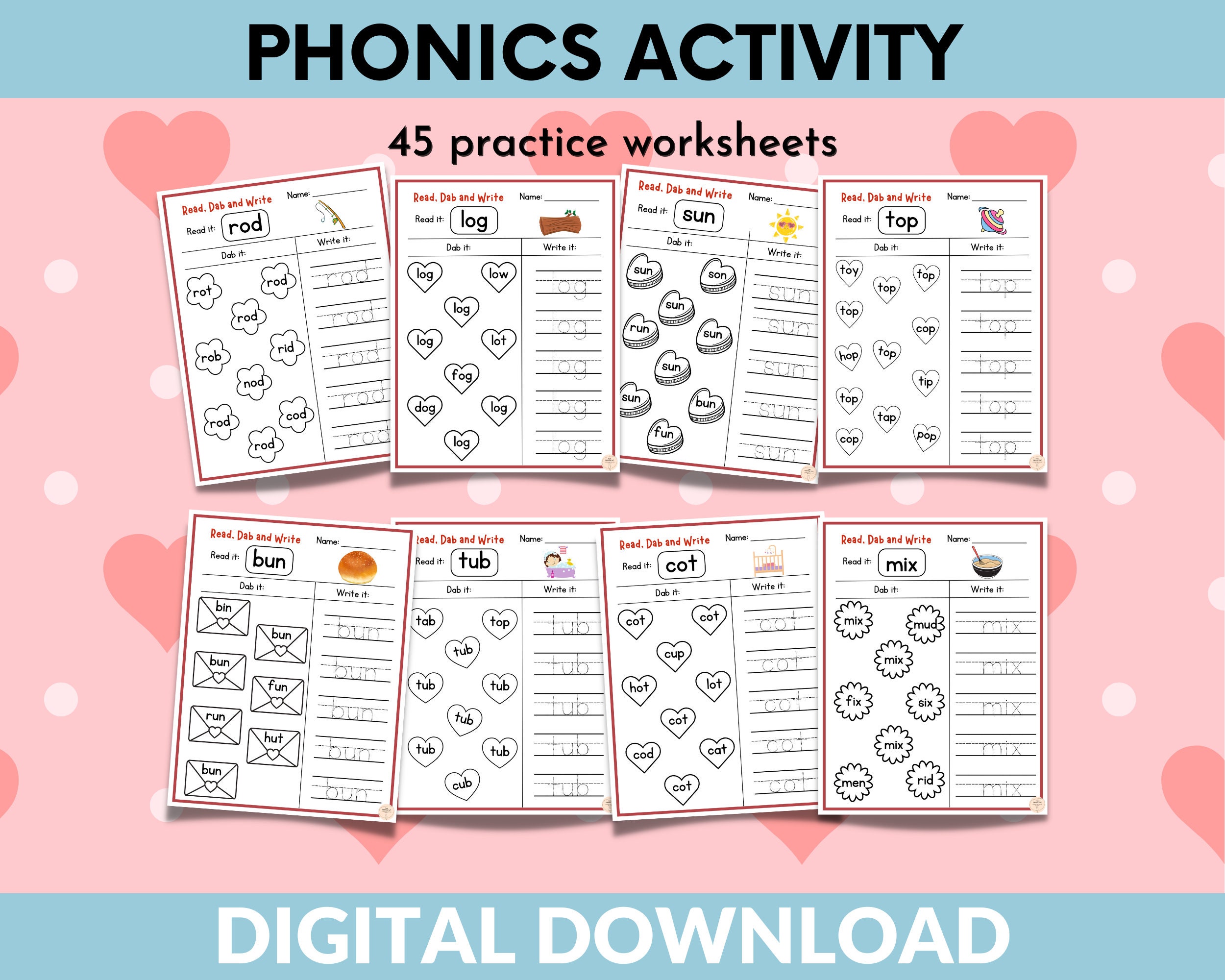 Phonics Valentines Worksheets; Word Recognition, Reading & Writing ...