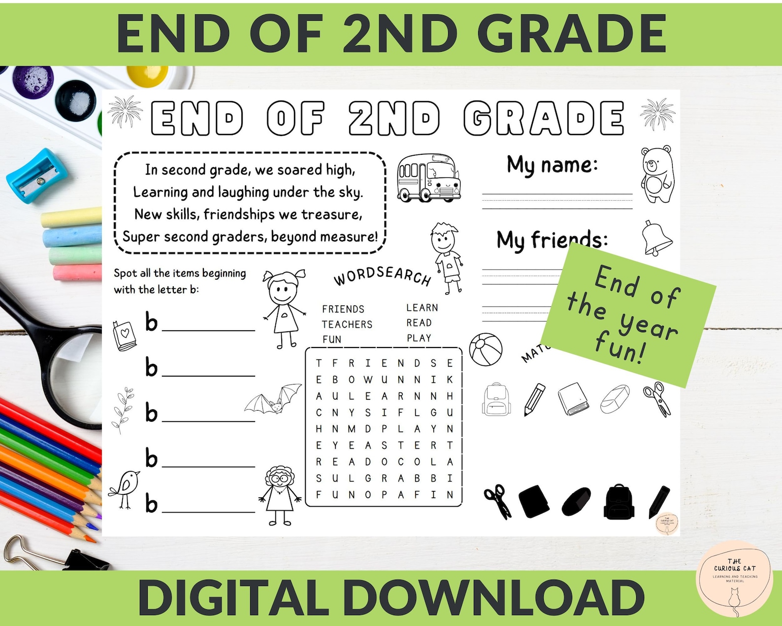 2nd Grade End of Year Activity Placemat, Teacher Favour for Students ...