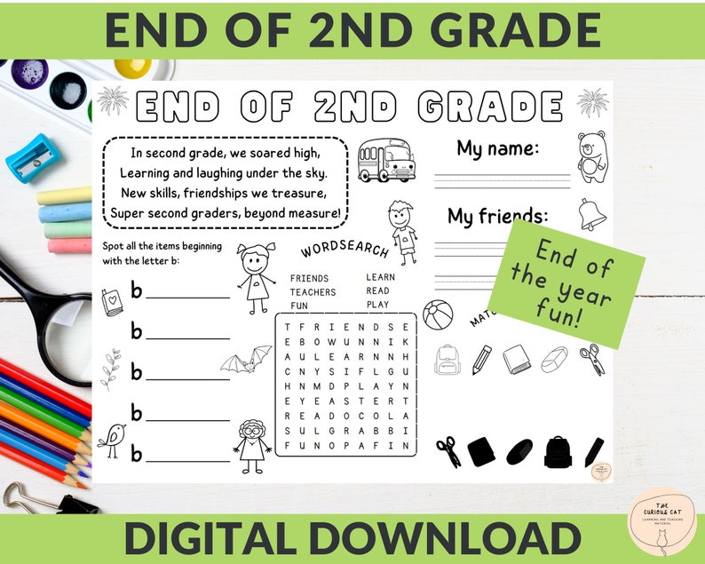 2nd Grade End of Year Activity Placemat, Teacher Favour for Students ...