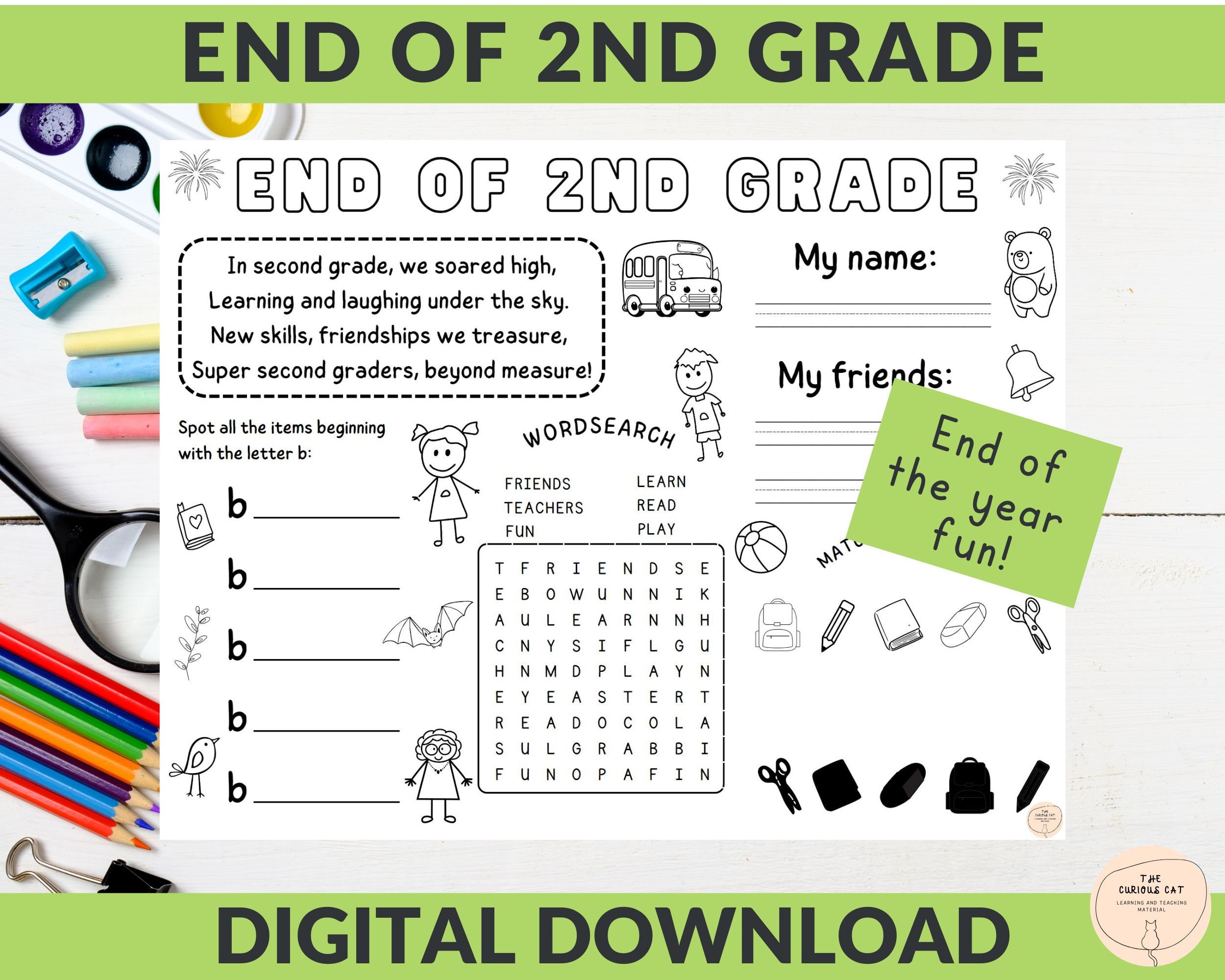 2nd Grade End of Year Activity Placemat, Teacher Favour for Students ...