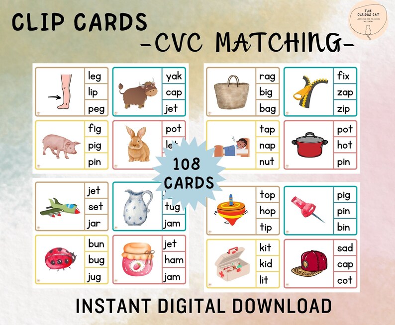 CVC Match and Clip Cards, CVC Pictures & Words, Early Reading, Phonics ...