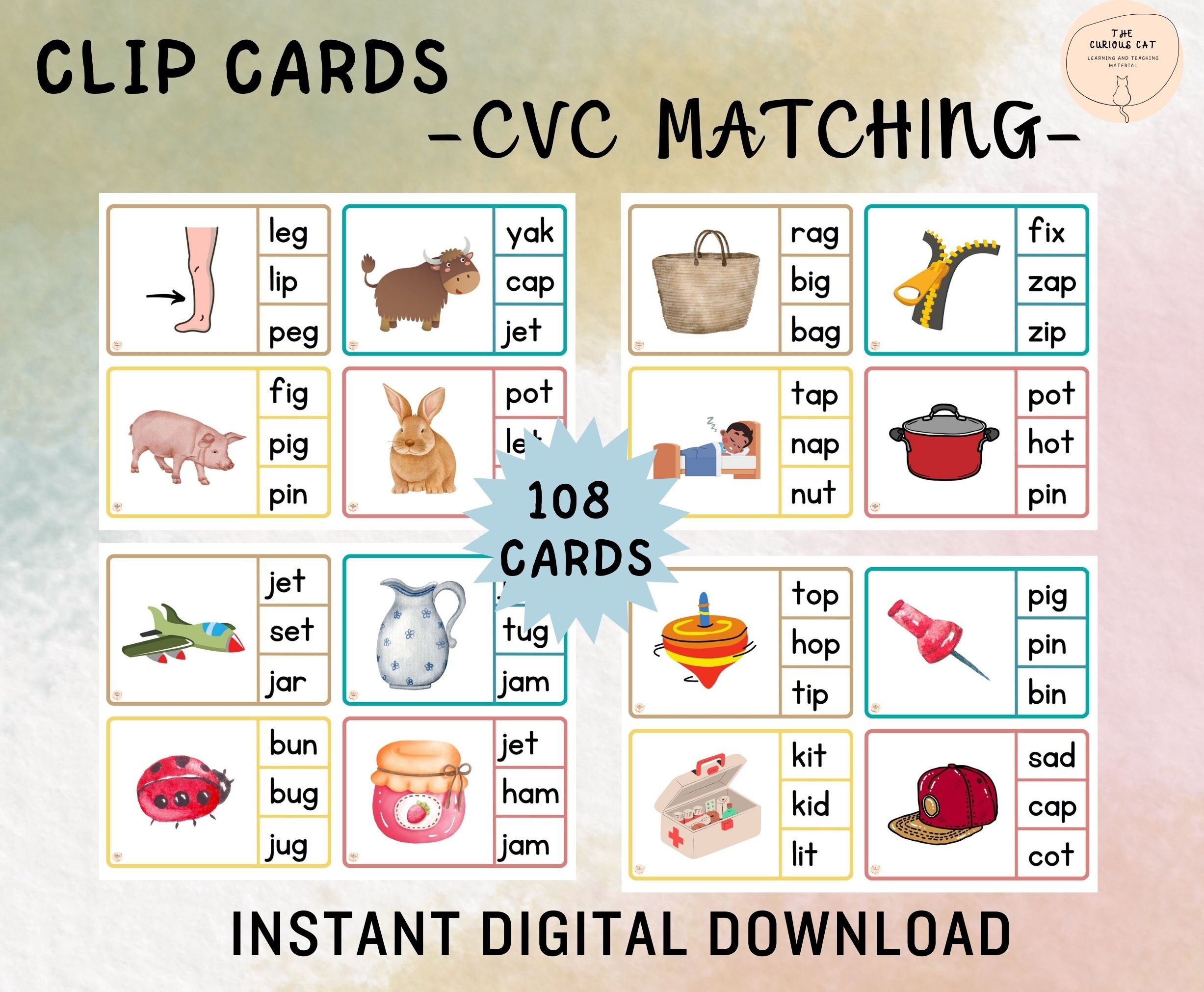 CVC Match and Clip Cards, CVC Pictures & Words, Early Reading, Phonics ...