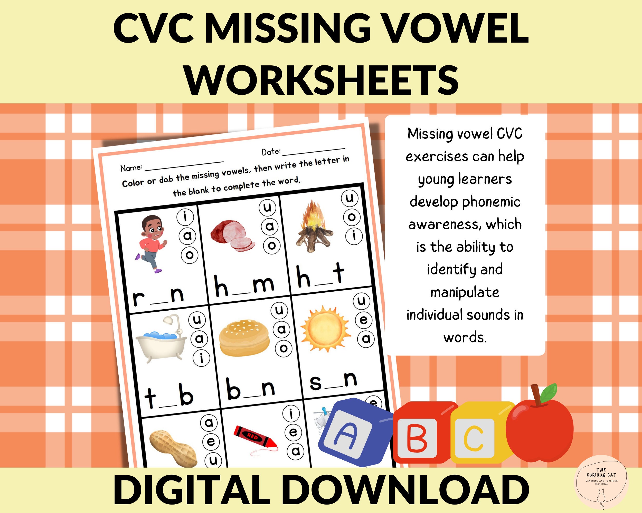 Phonics Worksheets, Middle Sound Practice, Kindergarten Reading ...