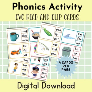 CVC Phonics Activity, Literacy Centre Game, Phonics Match and Clip ...