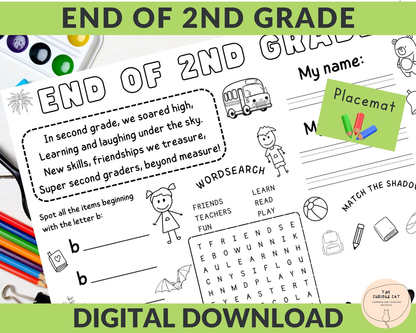2nd Grade End of Year Activity Placemat, Teacher Favour for Students ...