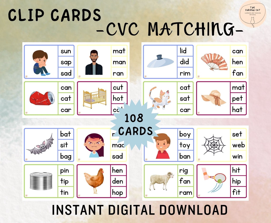 CVC Match and Clip Cards, CVC Pictures & Words, Early Reading, Phonics ...