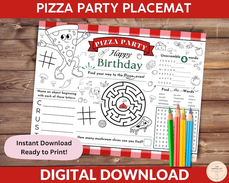 Pizza Party Placemat Activity Sheet, Instant Download, Pizza Party ...