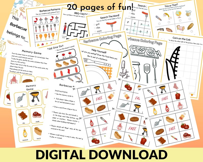 Barbecue Party Activity Pack for Young Children, Kindergarten Cookout ...