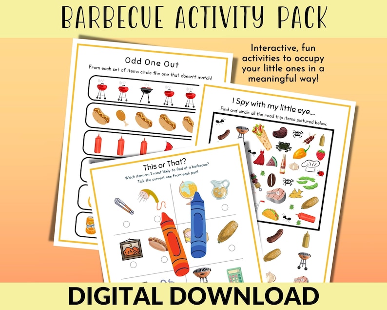 Barbecue Party Activity Pack for Young Children, Kindergarten Cookout ...