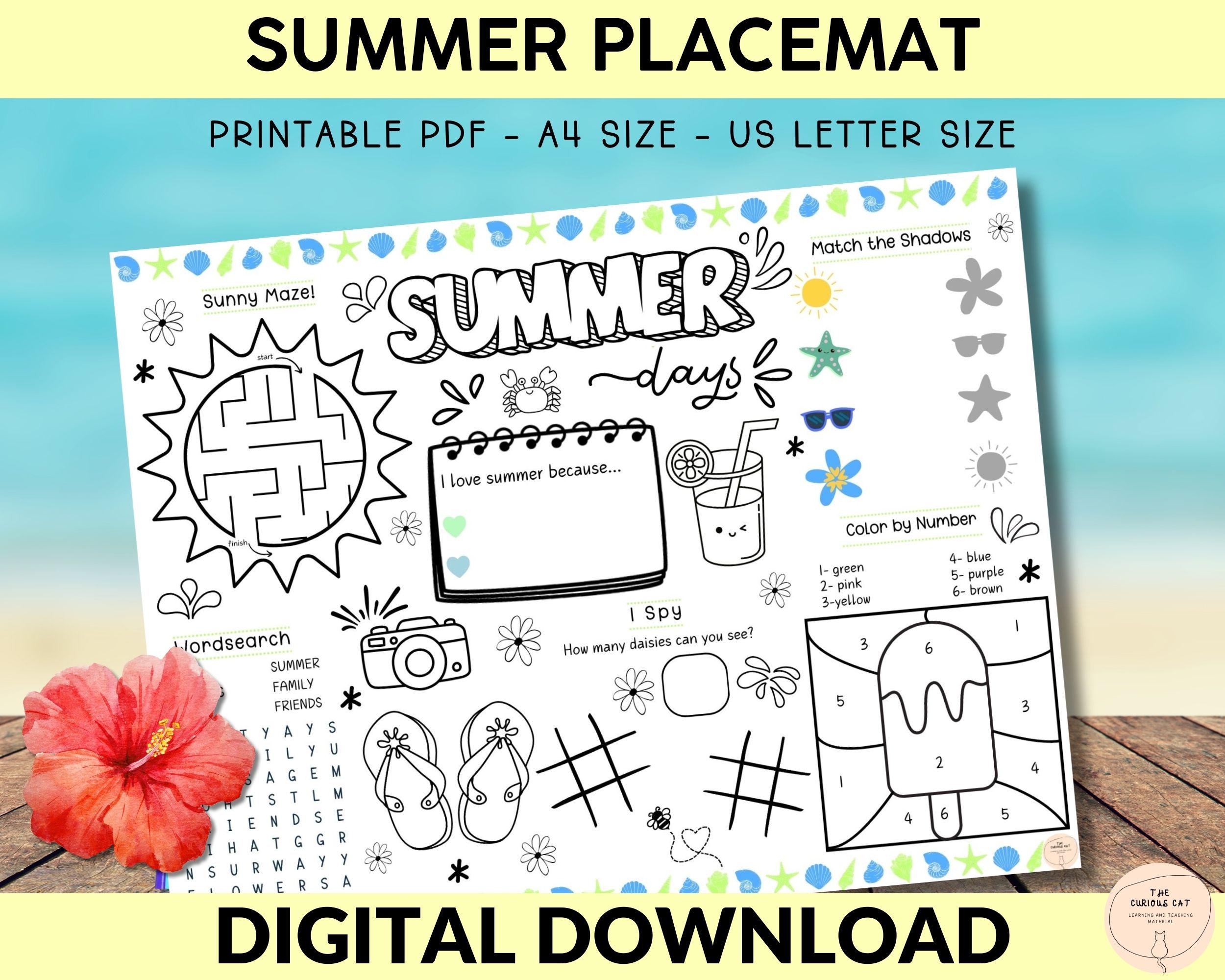Summer Activity Printable Placemat, Summer Party Coloring Page for Kids ...