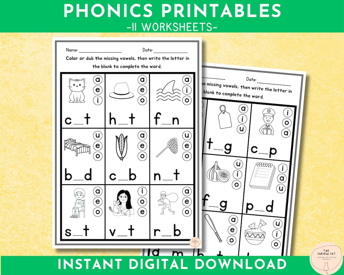 Phonics Worksheets, CVC Missing Vowel, Emergent Readers Middle Sound ...