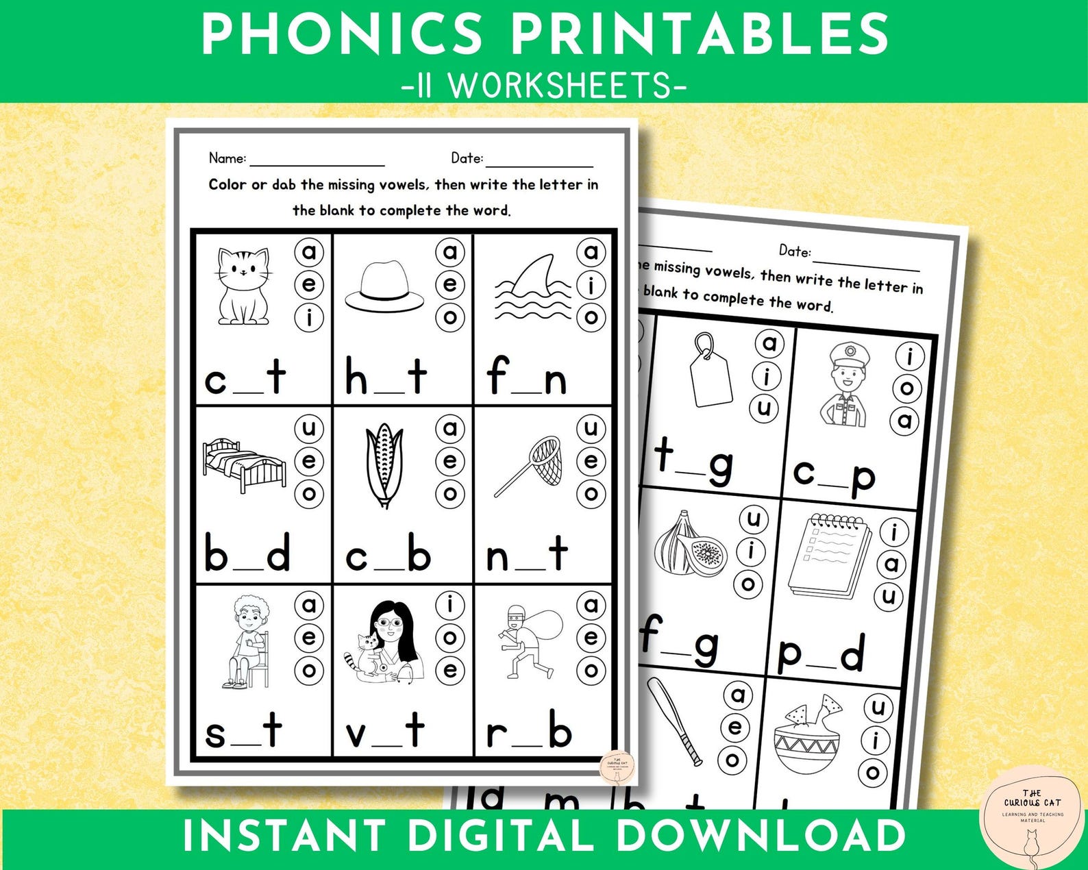 Phonics Worksheets, CVC Missing Vowel, Emergent Readers Middle Sound ...