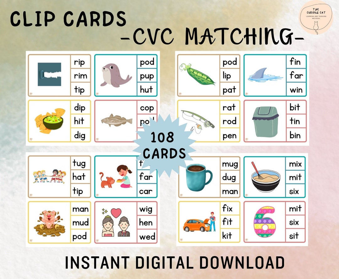 CVC Match and Clip Cards CVC Pictures & Words Early Reading - Etsy