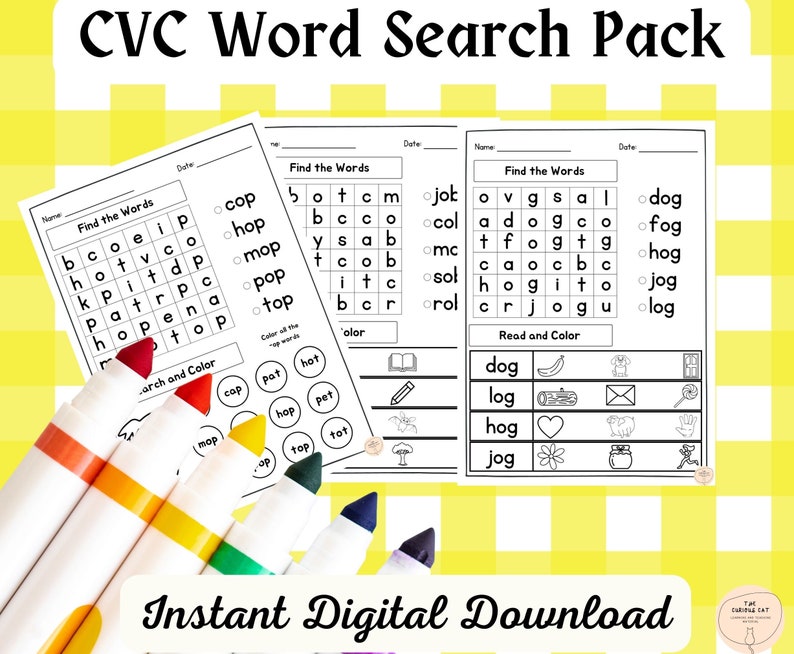 Phonics CVC Worksheets CVC Word Searches for Emergent Readers Pre-k and ...