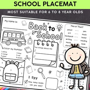 Printable Back to School Activity Placemat, First Day of School ...